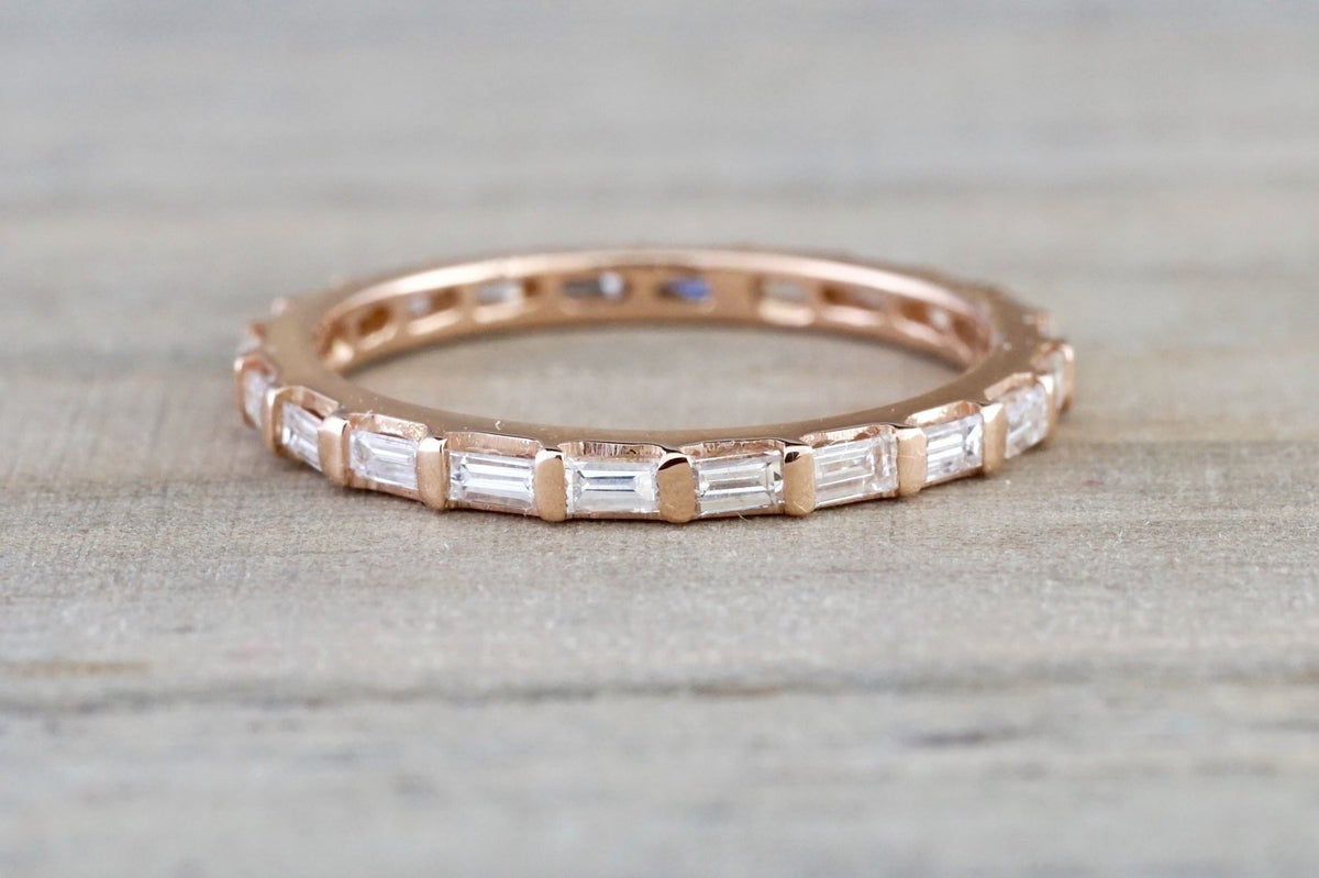 18k Rose Gold Channel Set Dainty Thin Baguette Cut Rectangle Diamond B ...